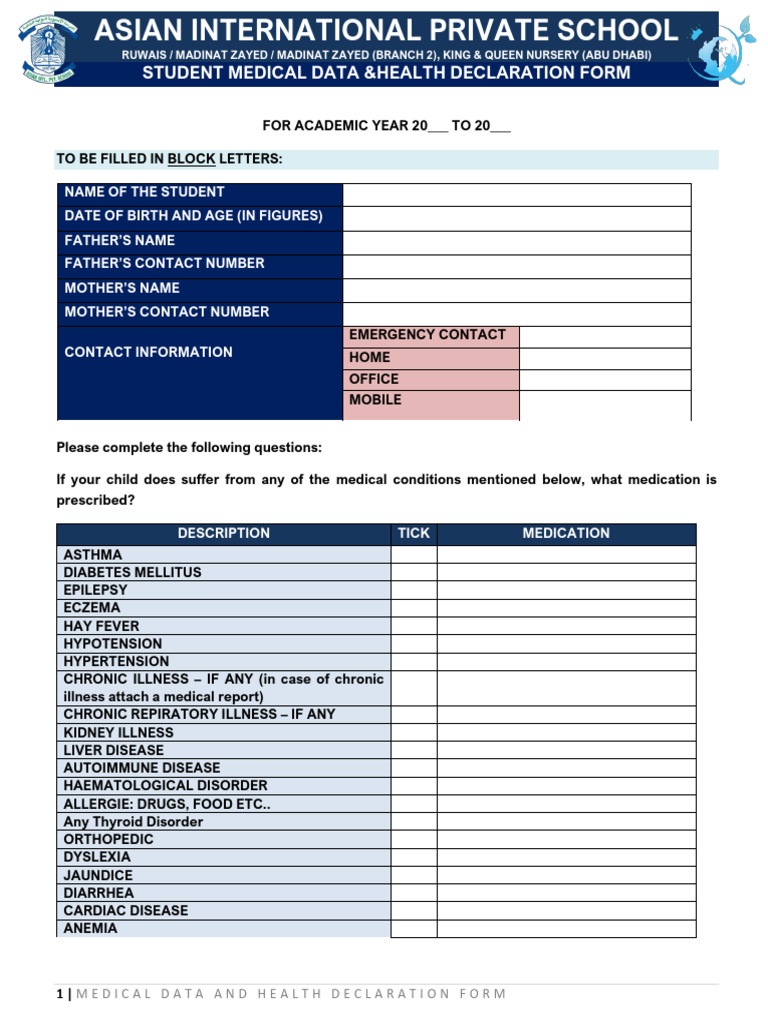 Ais Student Medical and Health Declaration Form 2023-24 | PDF ...