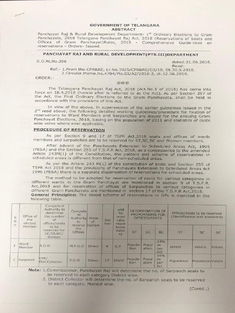 Comprehensive Guidelines On Reservations of Seats and Offices of Telangana Gram Panchayats GO | PDF
