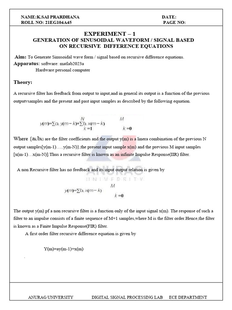 Experiment - 1: Generation of Sinusoidal Waveform / Signal Based On Recursive Difference ...