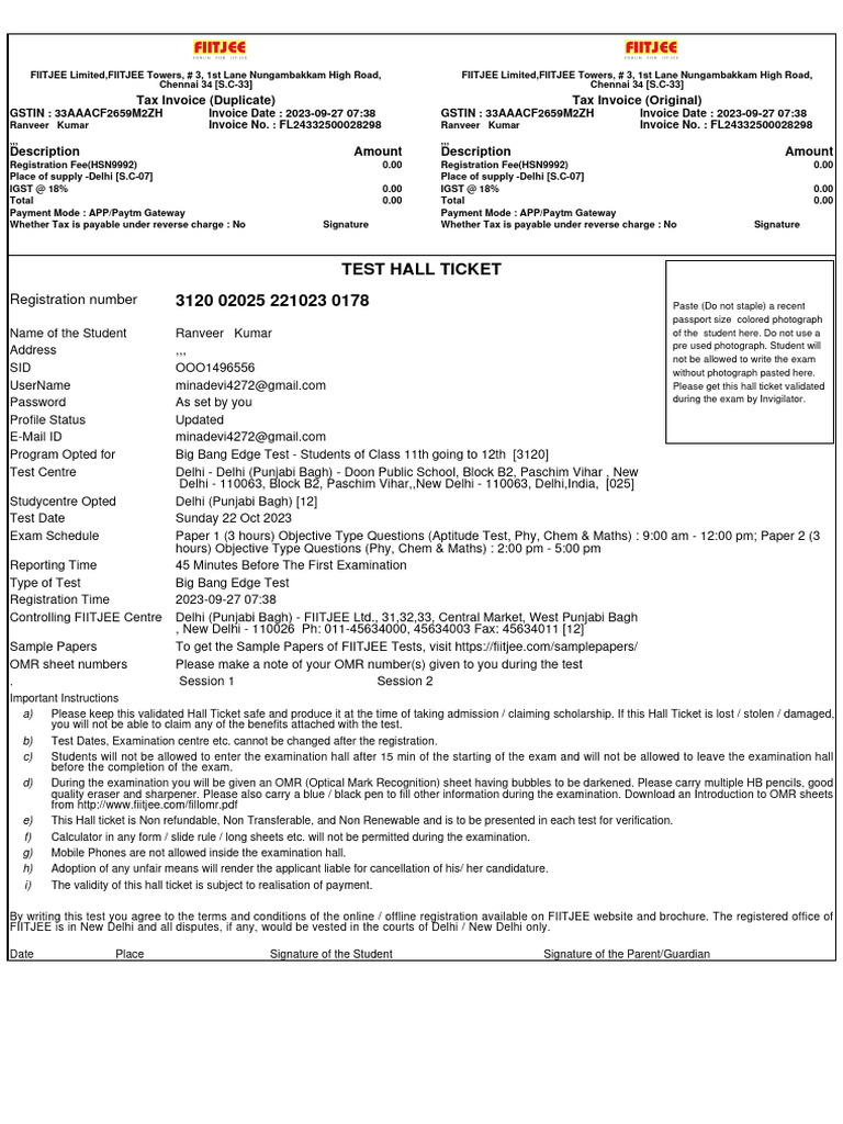 Test Hall Ticket 3120 02025 221023 0178: Registration Number | PDF