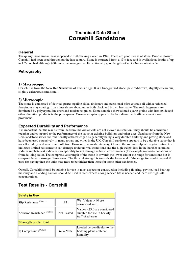 Corsehill Technical Data Sheet | PDF | Sandstone | Limestone