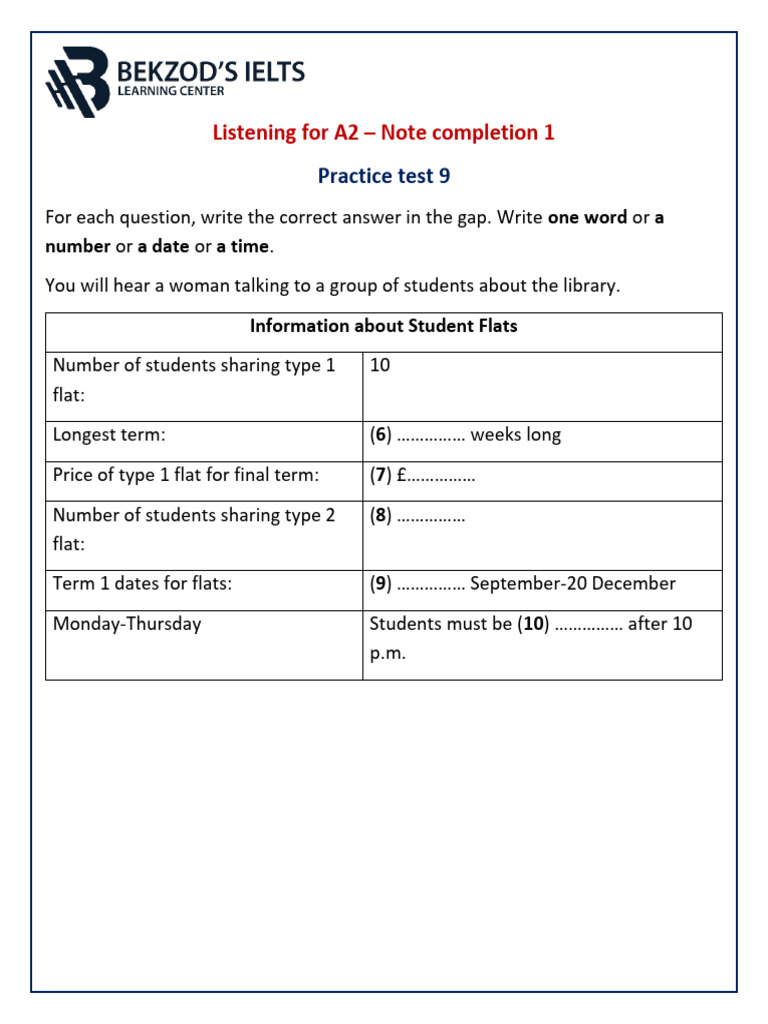 Listening A2 - Note Completion 9 | PDF