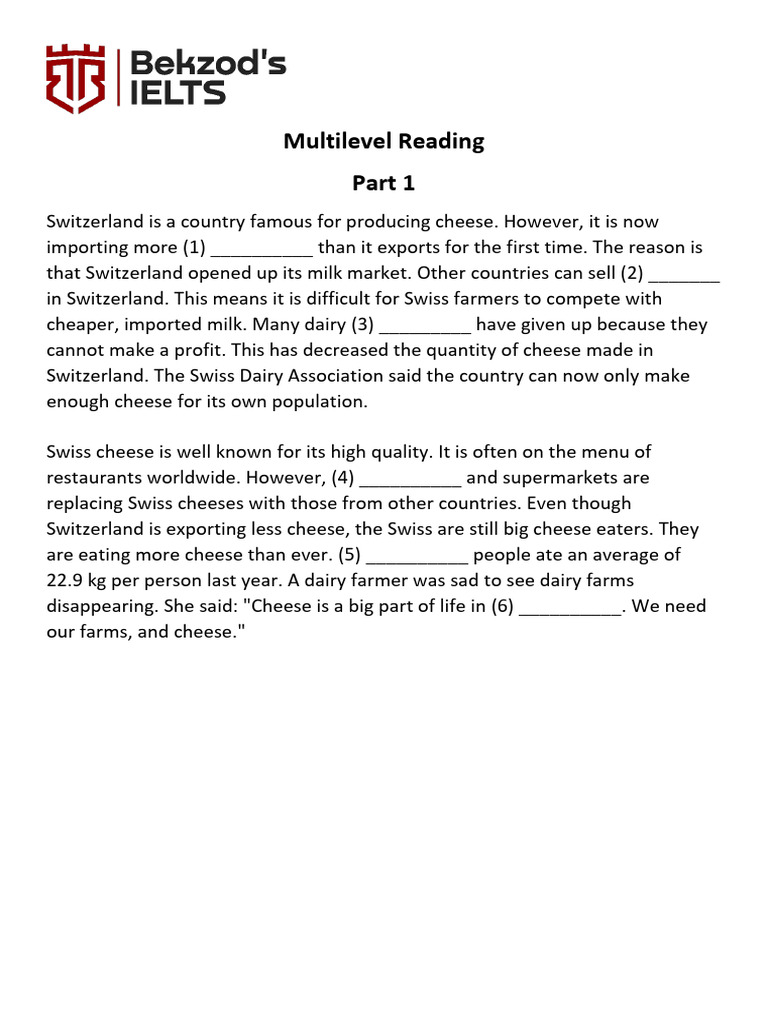 Multilevel Reading - Part 1 - Cheese | PDF