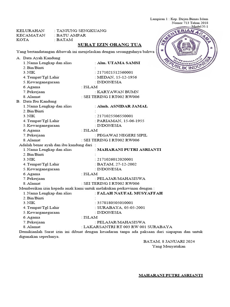 Surat Pernyataan & Pengantar Nikah TJ Sekuang | PDF