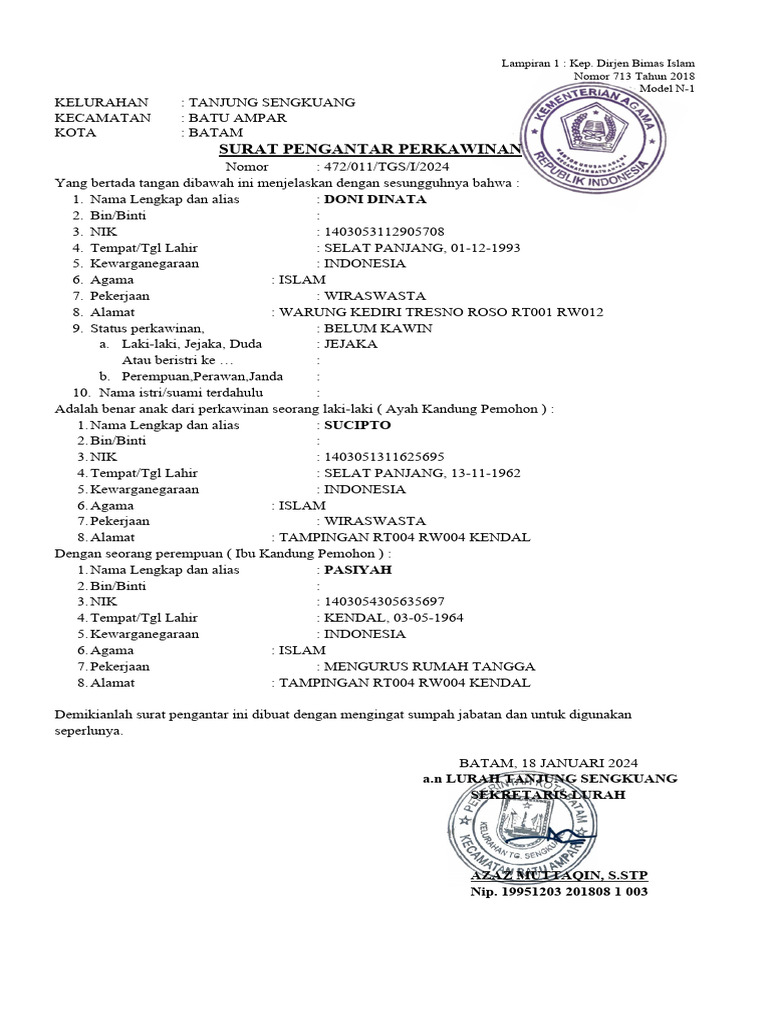 Surat Pengantar Perkawinan Doni Dinata | PDF