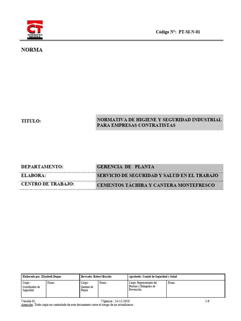 PT-SI-N-01_Normativa de higiene y seguridad industrial para empresas contratistas | PDF ...