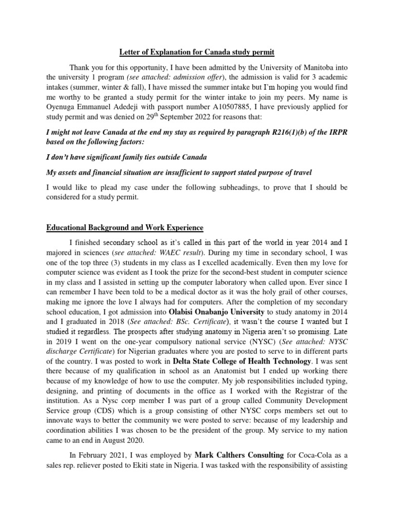 Letter of Explanation for Study Permit | PDF | Science | Nigeria