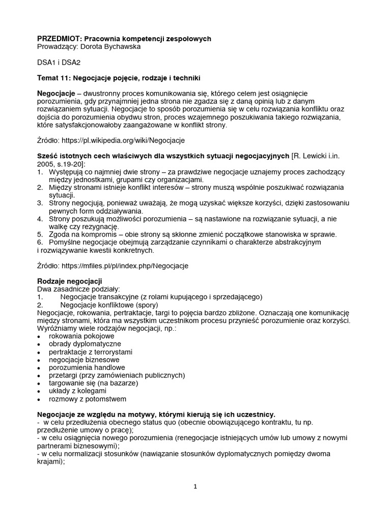 Temat 11 - Negocjacje - Pojęcie, Rodzaje I Techniki | PDF