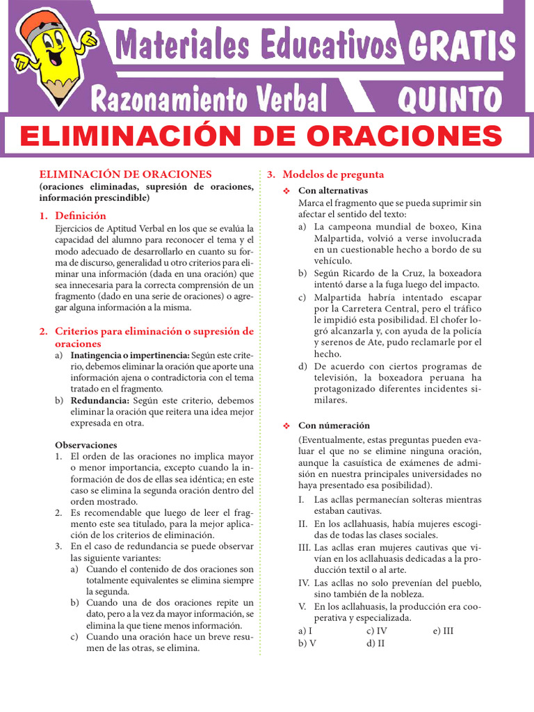 Actividades de Eliminación de Oraciones para Quinto Grado de Secundaria | PDF