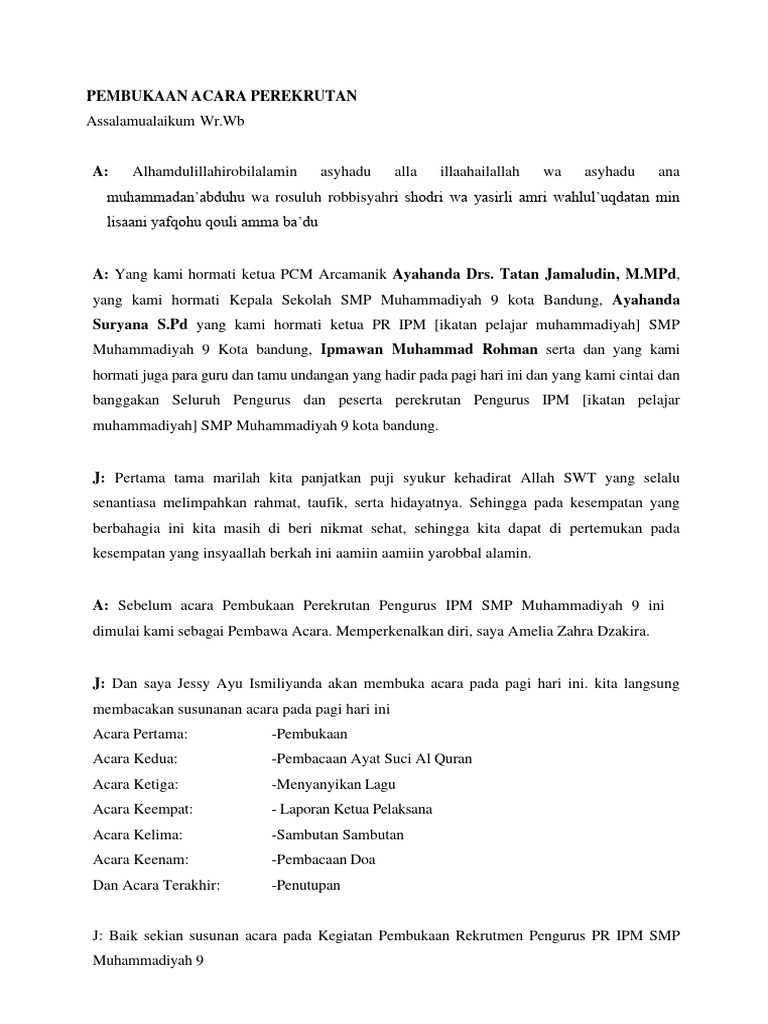 Teks MC Pembukaan Perekrutan Pengurus IPM | PDF | Agama & Spiritualitas