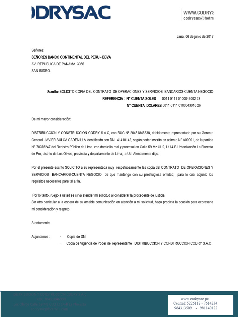 Solicitud de copia de contrato BBVA | PDF