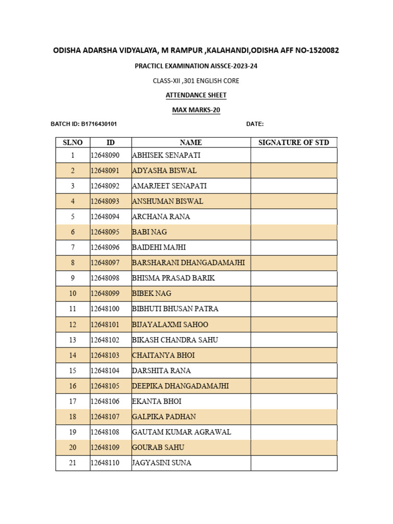 Engish 301 Pratical Attendance Sheet | PDF