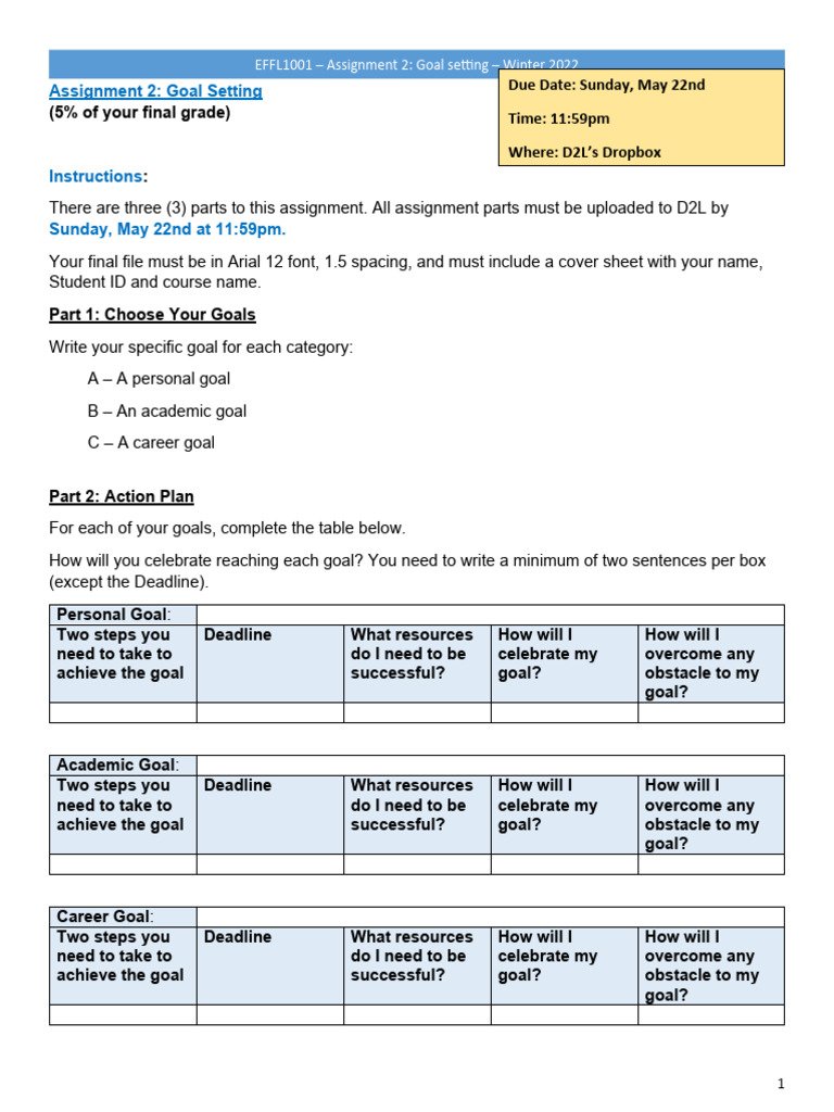 EFFL1001 Assignment 2 - Goal Setting | PDF | Goal | Goal Setting