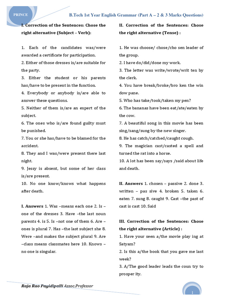 Eng Grammar B Tech Jntuh r13 | PDF | Verb | Grammatical Number