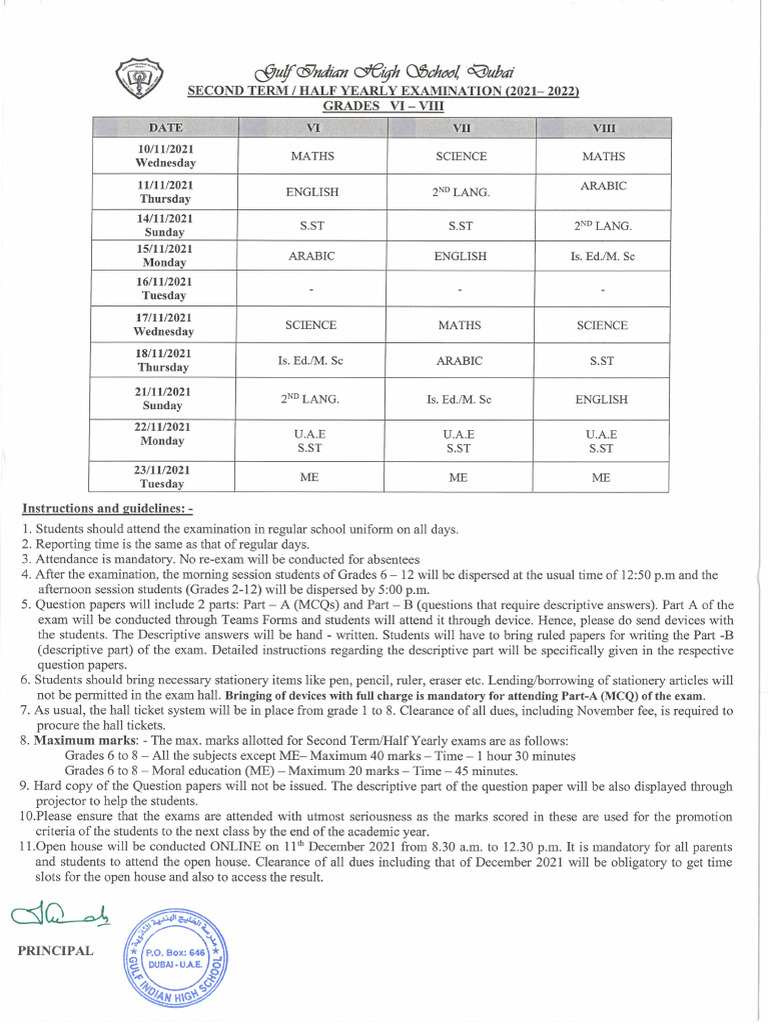Date Sheet-Second Term-Half Yearly Exam - 6-8 | PDF