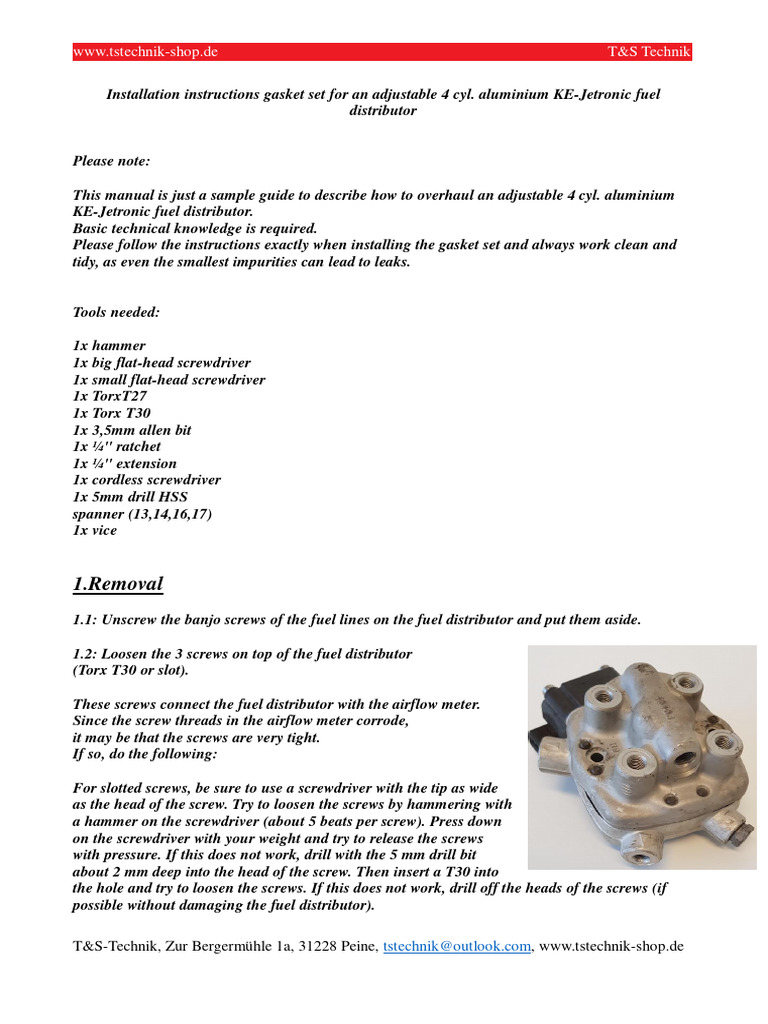KE-Jetronic Fuel Distributor Gasket Guide | PDF | Drill | Screw