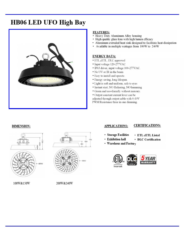 Mastled HB06 LED UFO Highbay Spec Sheet | PDF | Components ...