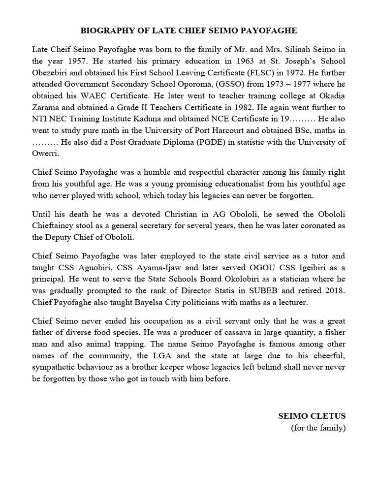 Biography of Late Chief Seimo Payofaghe | PDF