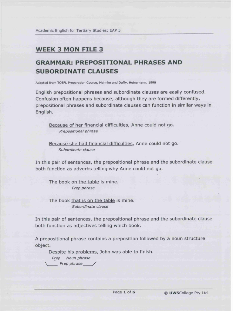 Grammar - Prepositional Phrases and Subordinate Clauses | PDF