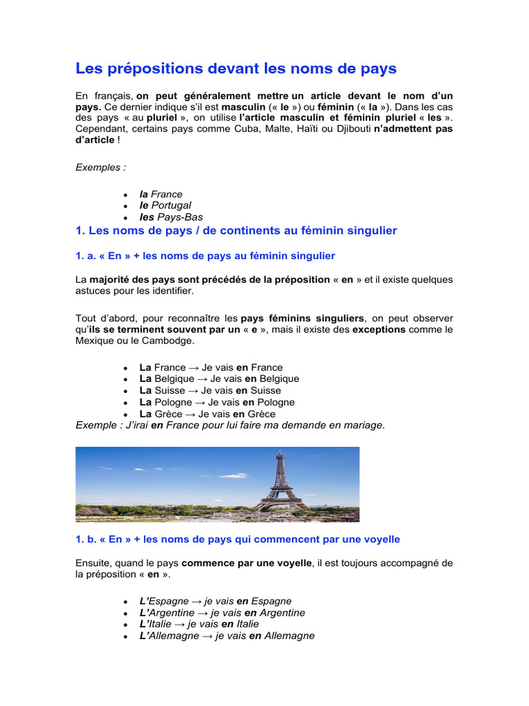 Les Prépositions Devant Les Noms de Pays | PDF | Nombre grammatical ...