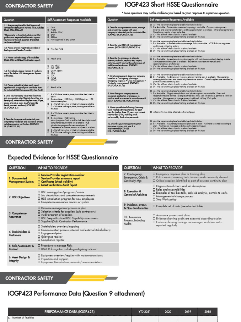 HSSE Questionnaire With Expected Evidence - English | PDF | Audit | Risk