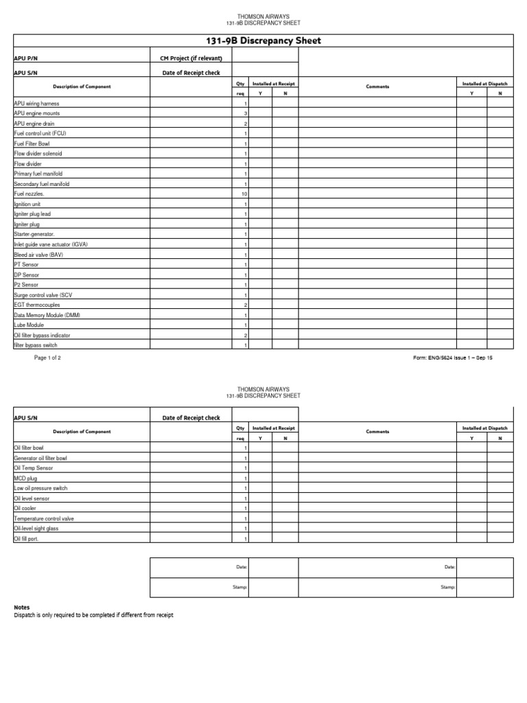 131-9B Discrepancy Sheet | PDF | Valve | Engines