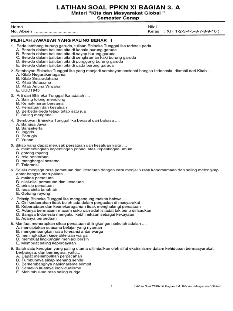 Latihan Soal PPKN XI: Globalisasi | PDF