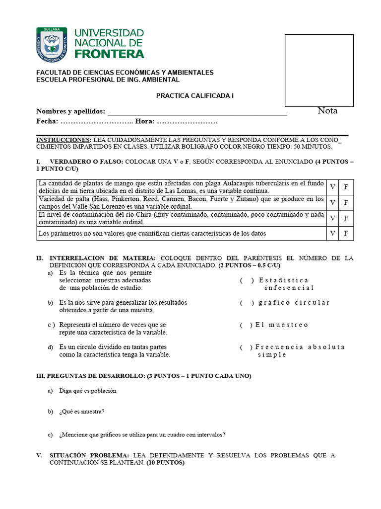 Práctica Calificada 1 - Est. Aplicada - Fia | PDF