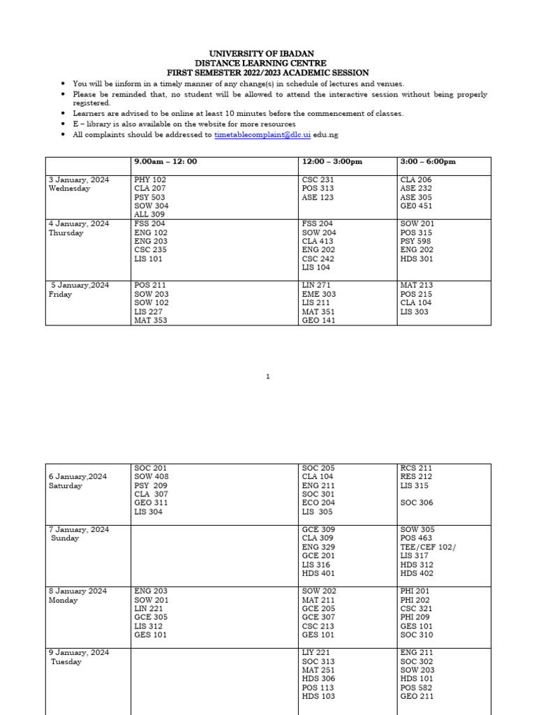 UI Distance Learning Jan 2024 Schedule | PDF