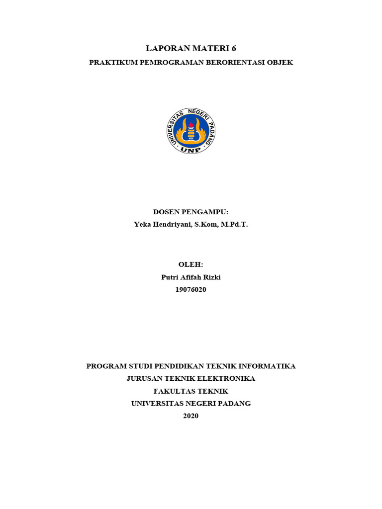 LAPORAN MATERI 6 PBO - 19076020 Putri Afifah Rizki | PDF