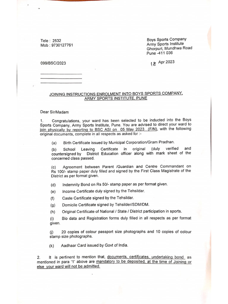 BSC Joining Instructions Document 2023 | PDF