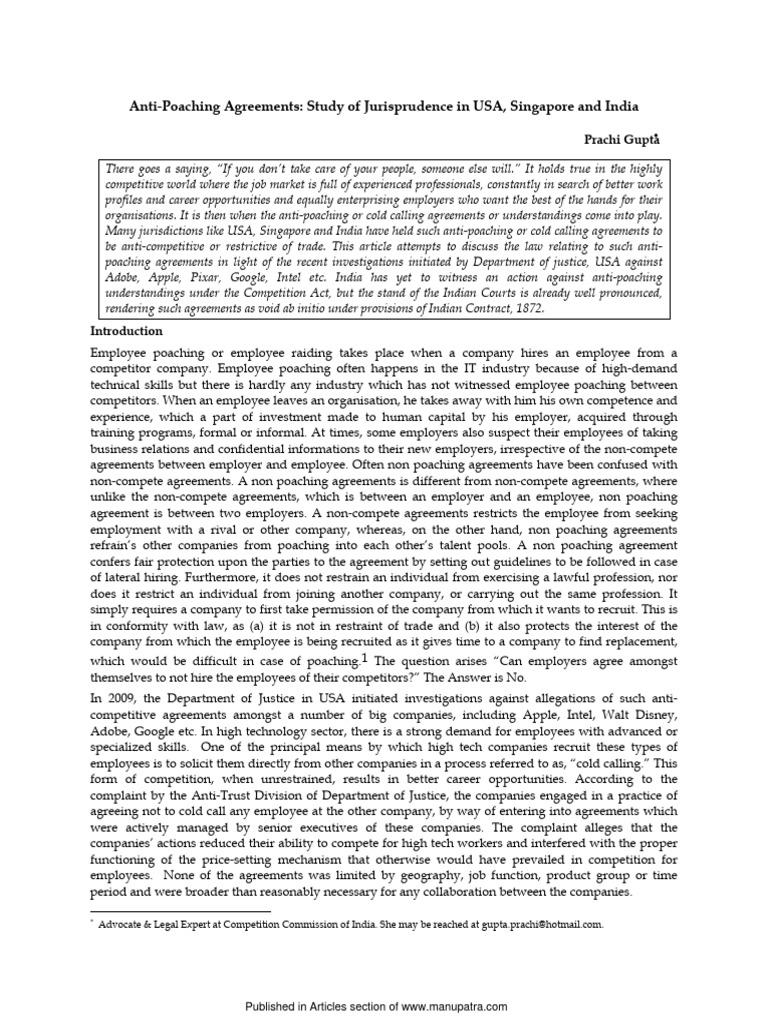 Non-Poaching Agreement (Comparative Analysis India and US) | PDF