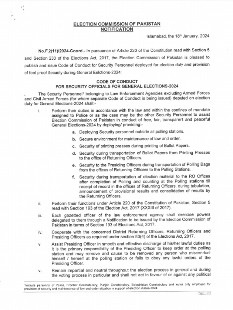 Code of Conduct For Security Officials For General Elections 2024 | PDF ...