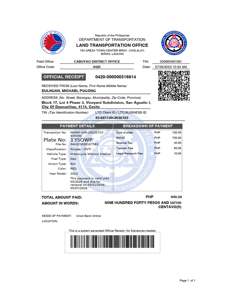 Official Receipt: Land Transportation Office | PDF