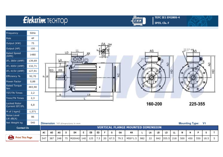 75KW 4P V1 Technical Data | PDF