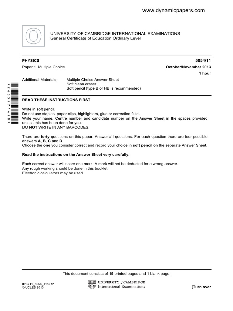 Cambridge O Level Physics MCQ Paper 2013 | PDF | Atomic Nucleus | Force