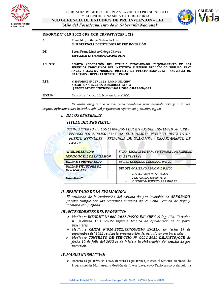 Informe N°010-2022 Aprobación Pi Fray | PDF | Presupuesto | Infraestructura
