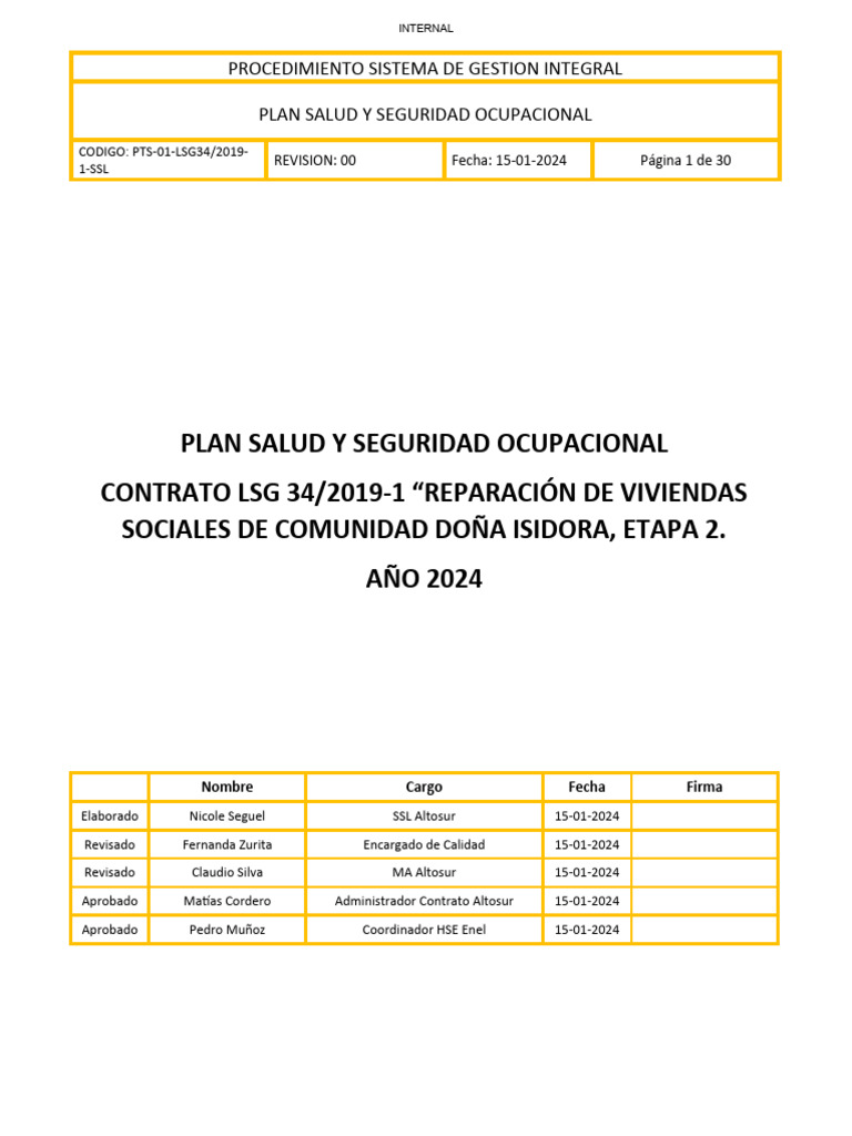 PTS-01-LSG34-2019-1-SSL Plan Salud y Seguridad Ocupacional Rev 00 - 2024 | PDF | Finanzas y ...