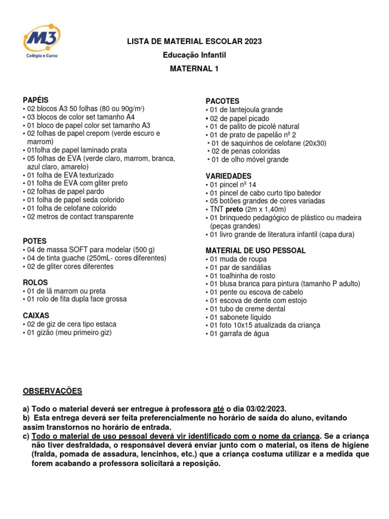 Lista de Material Escolar Maternal 1 | PDF | Papel