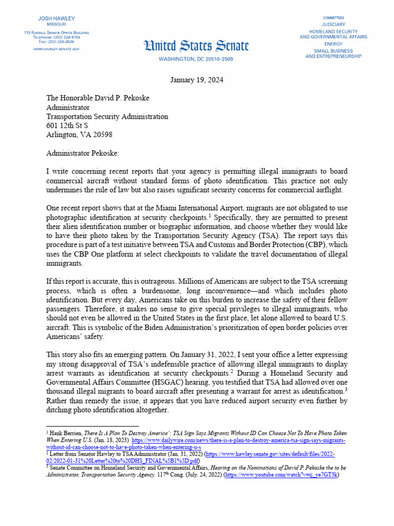 Sen. Hawley letter to Pekoske on CBP One | PDF | Transportation ...