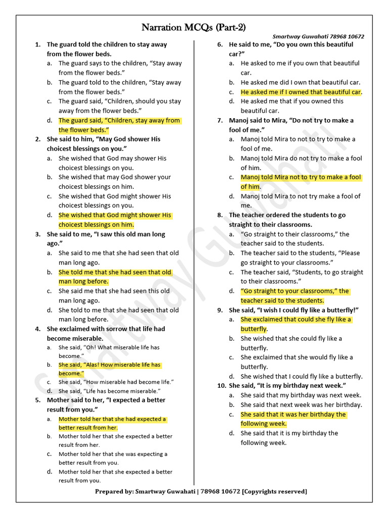 Narration MCQs (Part-2) - Student | PDF
