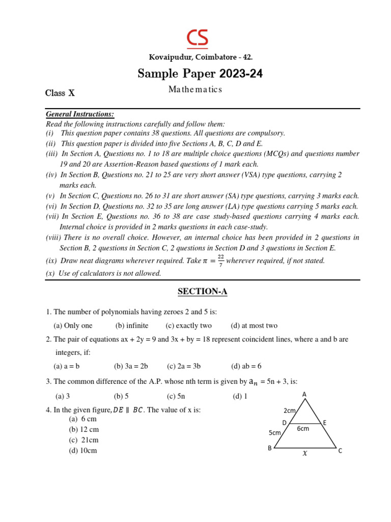 Math Sample Paper | PDF | Mathematics | Euclidean Geometry
