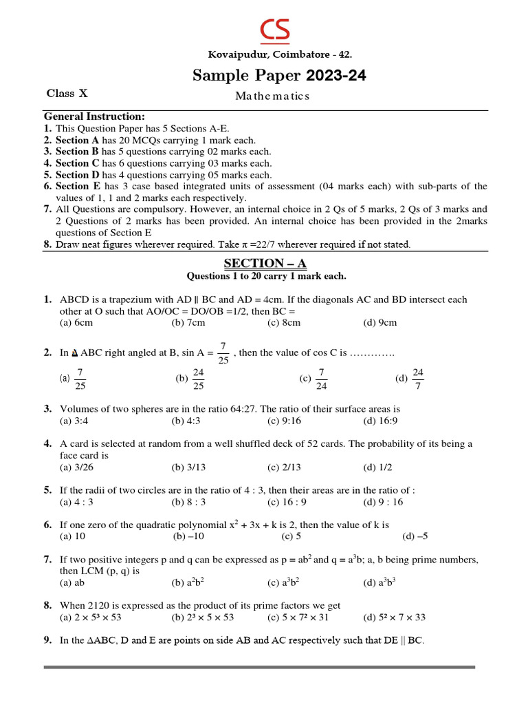 Sample Paper-2 | PDF | Circle | Area