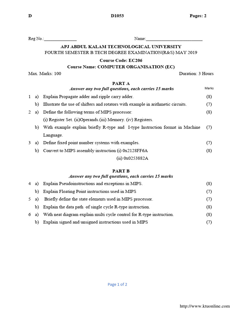 Btech Ec 4 Sem Computer Organisation d1053 May 2019 | PDF | Cpu Cache ... Btech Ec 4 Sem Computer Organisation d1053 May 2019 | PDF | Cpu Cache ...