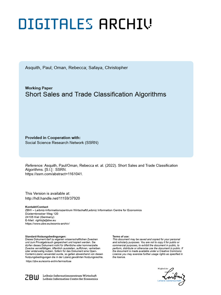 Short Sales and Trade Classification Algorithms | PDF | Short (Finance ...
