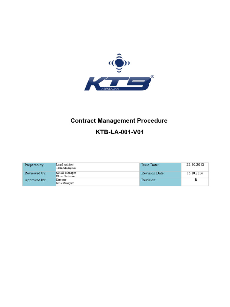 KTB-LA-001-V01 Contract Management Procedure | PDF | Quality Management ... KTB-LA-001-V01 Contract Management Procedure | PDF | Quality Management ...