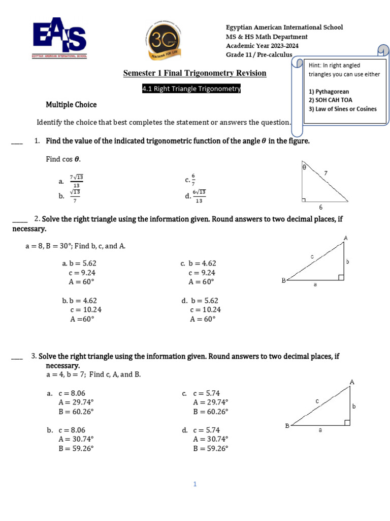 Grade 11 Pre-Calculus Trigonometry Review | PDF | Trigonometric ...