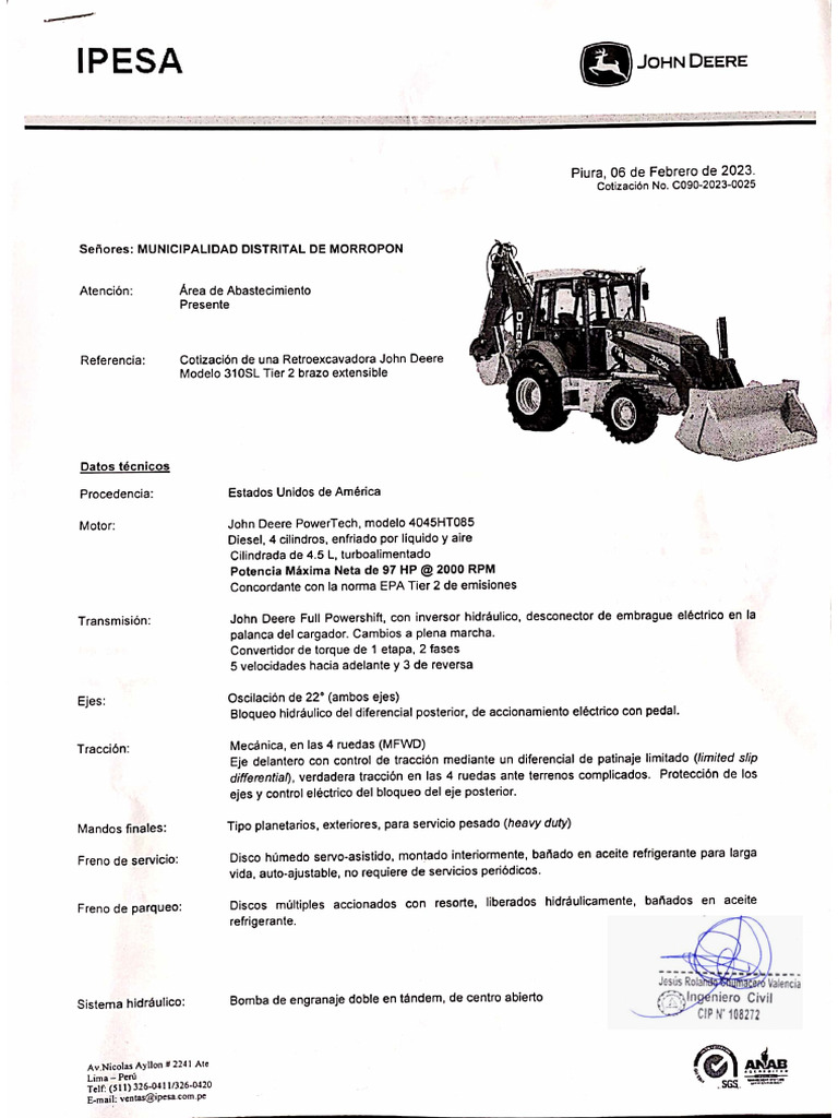 Ficha Técnica Retroexcavadora | PDF