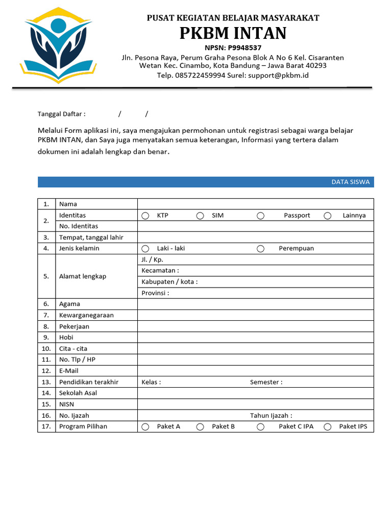 Form Pendaftaran Intan | PDF