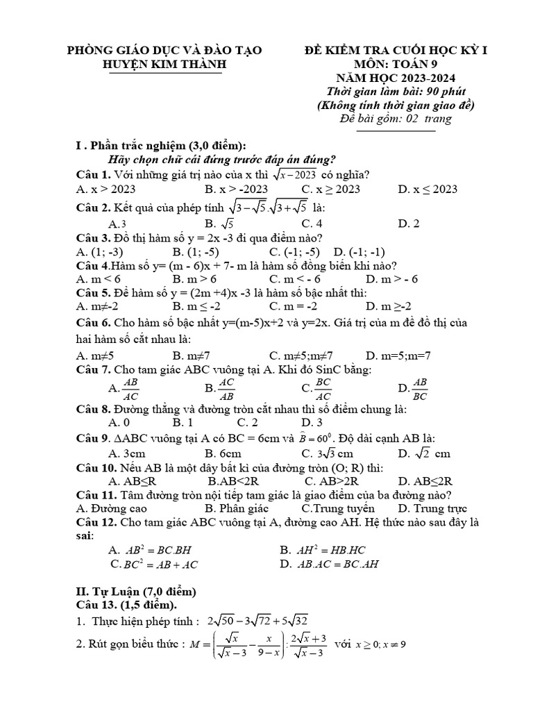 De Cuoi Hoc Ky 1 Toan 9 Nam 2023 2024 Phong GDDT Kim Thanh Hai Duong | PDF